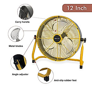 MOCIFI 12 Inch High Velocity Rechargeable Floor Fan with Metal Blade 12-Speed Portable Powered Operated Fan for Home, Travel, Commercial, Residential, Outdoor Indoor Use, Yellow