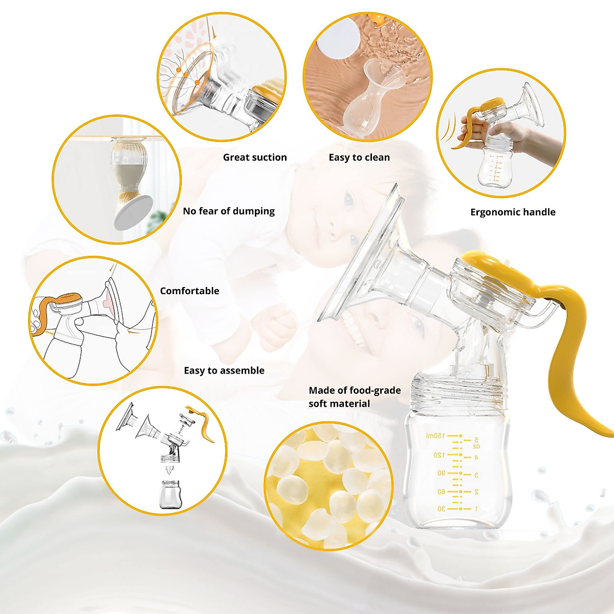Specialclass Manual Breast Pump - Nursing Stuff for Breastfeeding Essentials, Breast Milk Storing Containers with 24mm and 28mm Silicone Flange Nipple Suction Cups