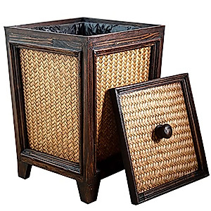 Rattan Basket Wooden Trash Can - Hand Woven Basket Trash Can with Lid - 9"x8.3"x13" Small Garbage Can with Cover - Decorative Natural Wood Garbage Bin for Living Room, Bedroom or Bathroom Trash Can