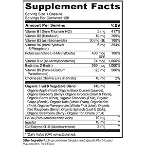 NATURELO Vitamin B Complex with Methyl B12, Methyl Folate, Vitamin B6, Biotin Plus Choline, CoQ10, and Fruit & Vegetable Blend - Supports Energy & Healthy Stress Response - Vegan - 120 Capsules
