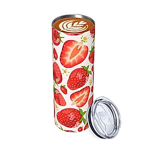 AFHYZY 20 oz Tumbler Reusable Coffee Travel Mug with Lids and Straws, Insulated Coffee Cups Leak Proof 20oz Stainless Steel Water Bottles Skinny for Work, Women, Sports - Strawberry