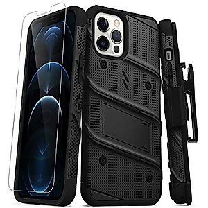 ZIZO Bolt Series for iPhone 12 Pro Max Case with Screen Protector Kickstand Holster Lanyard - Black