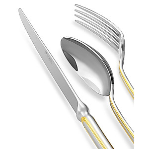 KEAWELL Elizabeth 20-Piece 18/10 Stainless Steel Flatware Set, Service for 4, Fine Silverware Set (Gold Accent), Dishwasher Safe, Mirror Polished