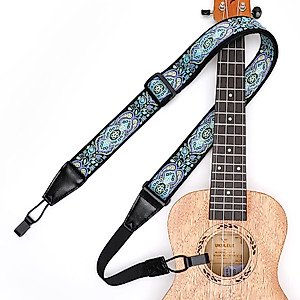 Ukulele Strap No Drill, IHOBOR Adjustable Double J Hook Uke Shoulder Strap, Premium Jacquard Blue totem Clip on Ukelele Strap, Easy to Use and Fit Most Standard Uke Sizes