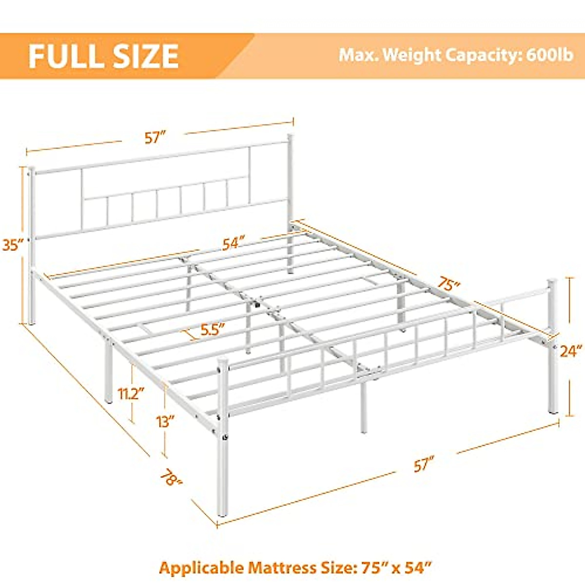 Yaheetech 13 inch Full Size Metal Bed Frame with Headboard and Footboard Platform Bed Frame with Storage No Box Spring Needed Mattress Foundation for Adult White