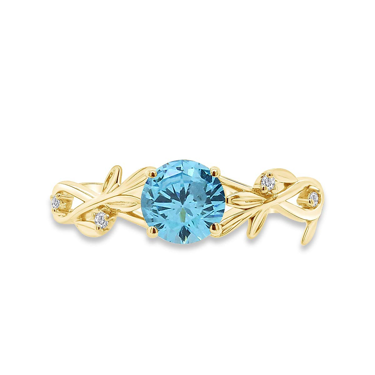 AFFY 6MM Round Cut Simulated Aquamarine & White Cubic Zirconia Floral Ring 14k Yellow Gold Over Sterling Silver Ring Size-8.5
