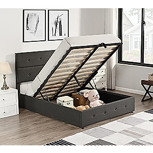Lift Up Bed with Storage, Platform Bed Frame Full Size with Headboard, Lift Up Storage Bed with, Full Upholstered Bed with Hydraulic Storage System, Grey（Button-Tufted）