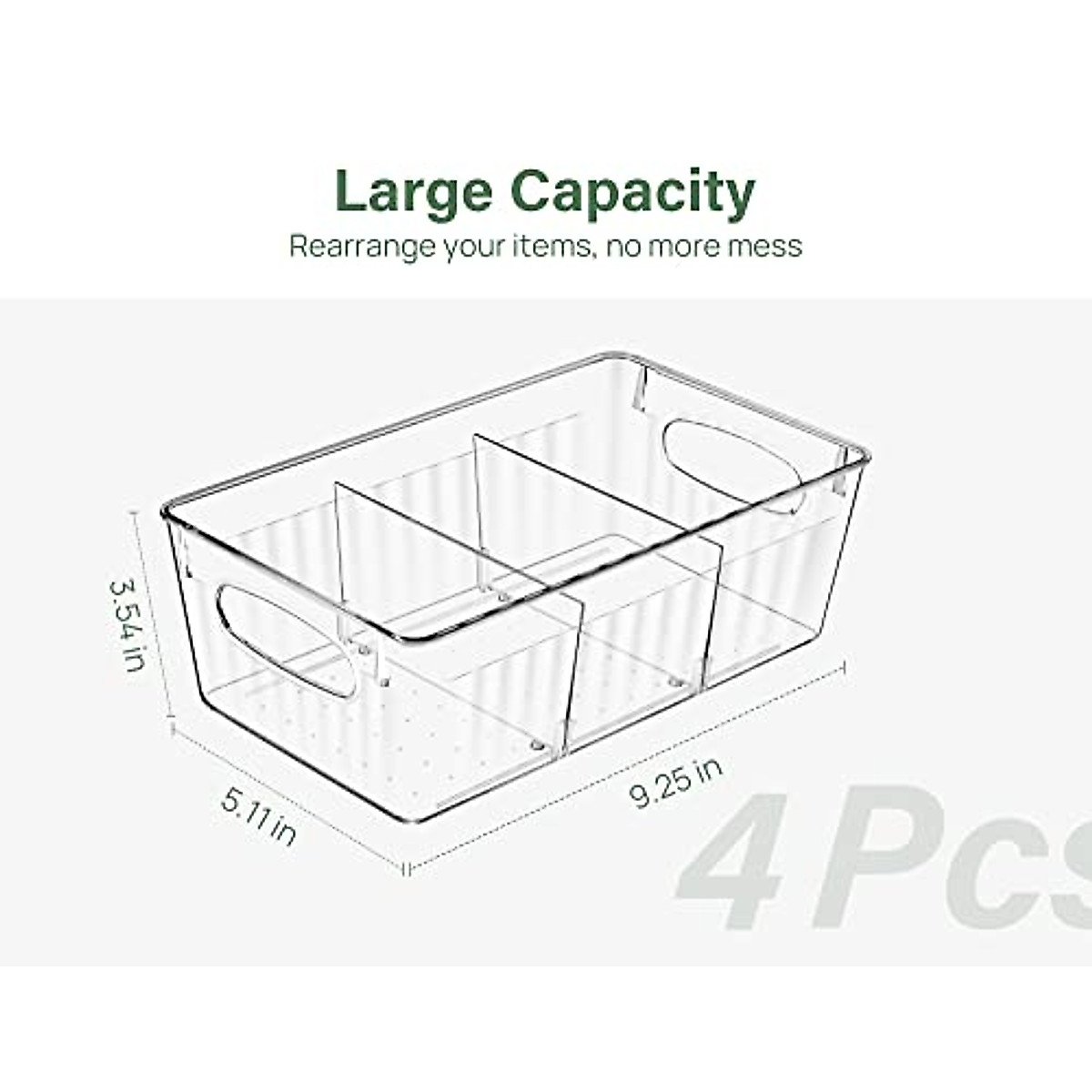Kootek 4 Pack Clear Pantry Organization and Storage Bins, Freezer Organizer Bins Stackable Food Storage Organizer Bins with Handles Removable Dividers for Kitchen, Refrigerator, Cabinet