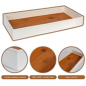 J JACKCUBE DESIGN Leather Bamboo Vanity Tray, Bathroom Organizer, Catch All Valet Tray for Women Perfume, Jewelry, Makeup, Candles, Key, Phone, Sunglasses (White)- MK205B
