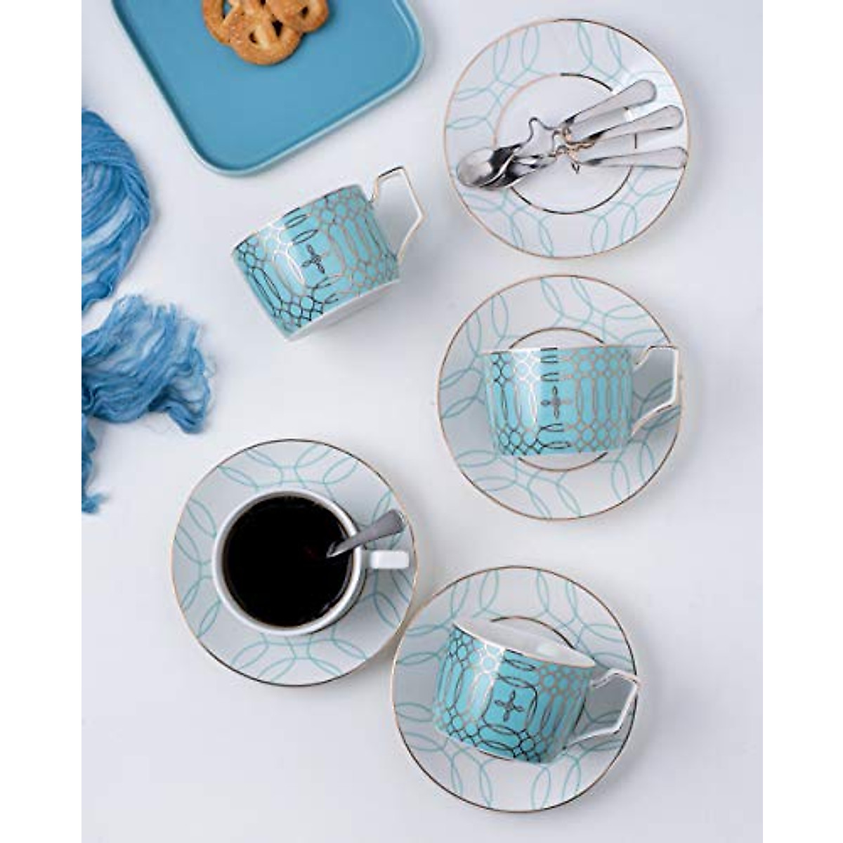 Jusalpha Porcelain Tea Set-Service of 4- Modern Elegant Mint Green Tea Cup and Saucer Set-Coffee Cup Set with Saucer and Spoon,TCS15 (4) (Blue)