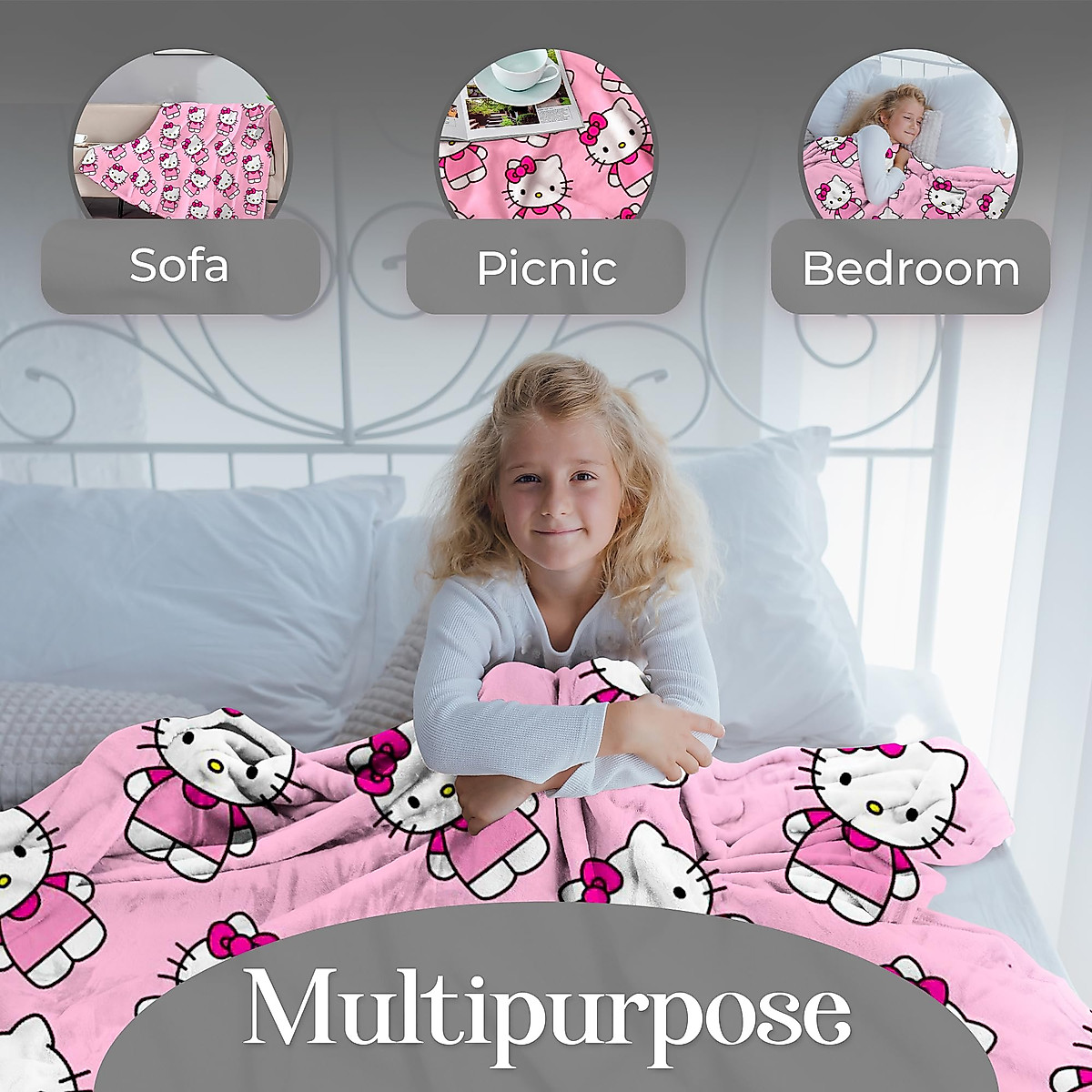 ORGANISET | 50"x 40" | Cute Cartoon Throw Blanket Anime Blanket for Girls, Hello Kitty Blanket for Kids, Kawaii blanket, Hello kitty throw blanket, Super Soft Warmful Flannel Blanket for Couch (Pink)