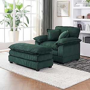 DERCASS Corduroy Single Sofa with 2 Toss Pillows and Ottoman,56.3 Inch Comfy Sofa- Deep Seat Couch for Living Room (Green)