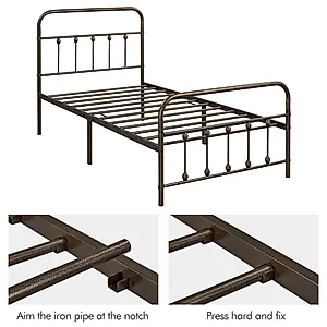 Topeakmart Twin Size Victorian Style Metal Bed Frame with Headboard/Mattress Foundation/No Box Spring Needed/Under Bed Storage/Strong Slat Support Bronze