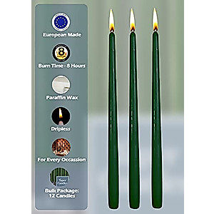Hyoola 12 Pack Tall Taper Candles - 10 Inch Hunter Green Dripless, Unscented Dinner Candle - Paraffin Wax with Cotton Wicks - 8 Hour Burn Time