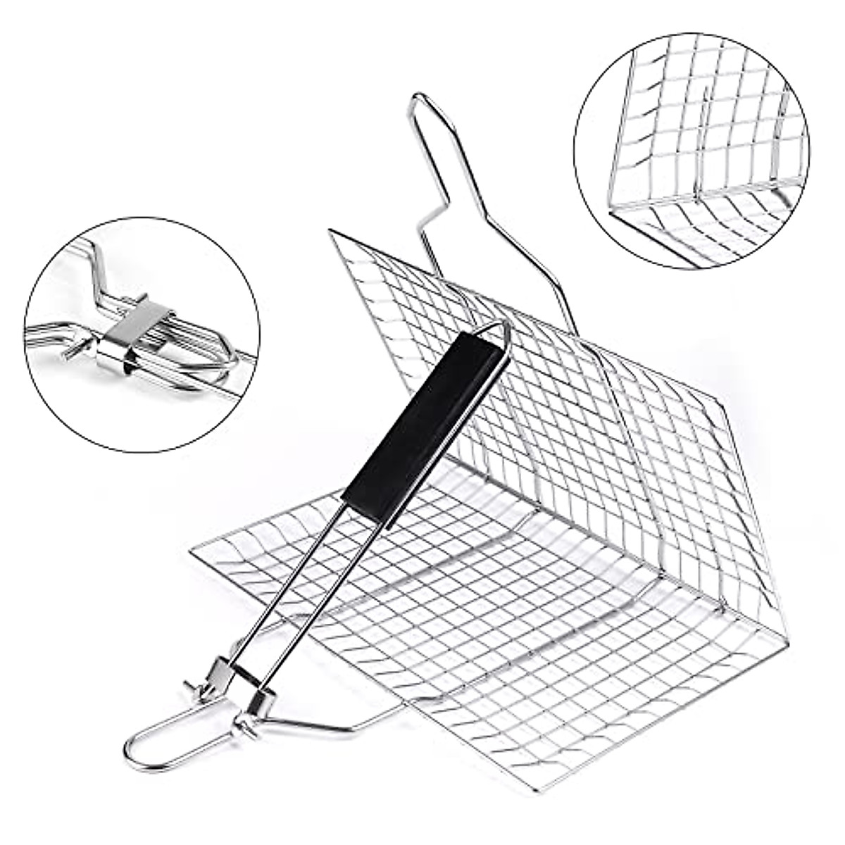 Stainless Steel Grill Basket Barbecue Grill Basket Portable Grill basket with Removable Handle,Perfect for Grilling Vegetables Fishes Shrimp Steak meat and more with Carrying Pouch,A Useful BBQ Tool