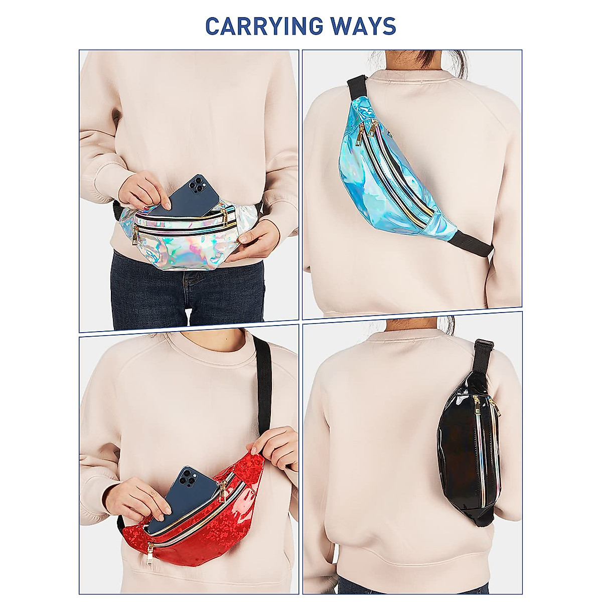 LIVACASA Holographic Fanny Packs for Women Cute Waist Packs Shiny Waist Bum Bag Waterproof for Travel Party Festival Running Hiking Gold