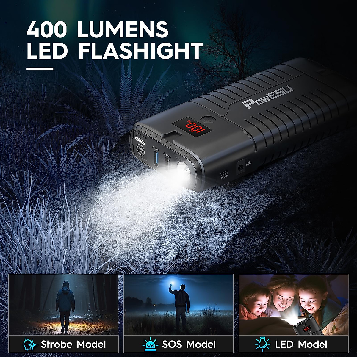 POWESU Jump Starters 2000A 18000mah (Up to 8.0L Gas or 7.5L Diesel Engine) 12V Auto Car Portable Battery Booster Jumper Cable Power Box Pack