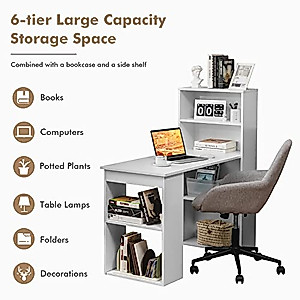COSTWAY White Computer Desk with Shelves, 48” Study Writing Desk with 6-Tier Storage Shelves, Reversible Study Workstation w/Wide Base for Home, Office & Dorm, Easy Assembly