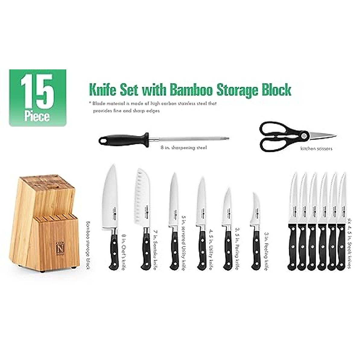 Cook N Home Kitchen Knife Set with Bamboo Storage Block 15-Piece, High Carbon Stainless Steel Blade, Black