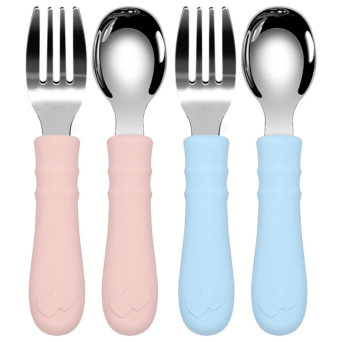HAKSEN Baby Forks and Spoons Set, 4 PCS Child and Toddler Safe Flatware, Perfect Length for Baby Spoons Self Feeding, Stainless Steel Cutlery with Silicone Handle