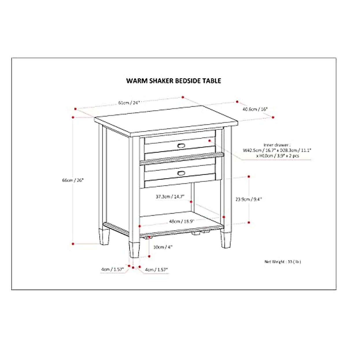 SIMPLIHOME Warm Shaker 24 Inch Wide Night Stand, Bedside table, Light Golden Brown SOLID WOOD, Rectangle, with Storage, 2 Drawers and 1 Shelf, For the Bedroom, Rustic