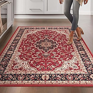 Well Woven Kings Court Gene Red - Non-Slip Rubber Backed Oriental Medallion 5x7 Area Rug - for Living Room & Dining Room - Kid & Pet Friendly, Easy-to-Clean, Machine-Washable, Low Looped Pile