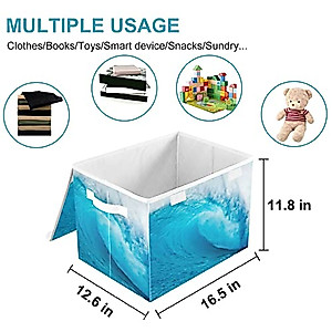 CaTaKu Blue Ocean Wave Storage Bins with Lids and Handles, Fabric Large Storage Container Cube Basket with Lid Decorative Storage Boxes for Organizing Clothes