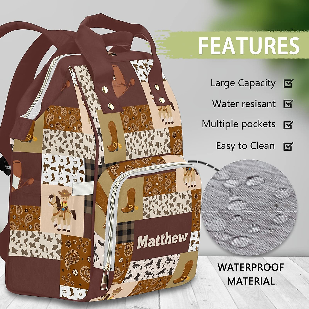 Personalized Diaper Bag Backpack Tote,Cowboy Quilt, Custom Diaper Bags for Shower Gift