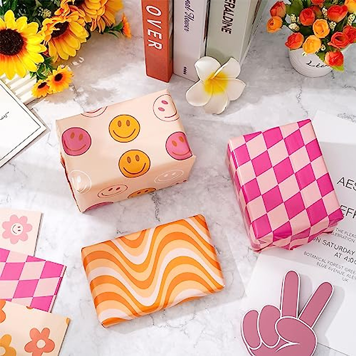 Whaline 12Pcs Retro Groovy Wrapping Paper Boho Daisy Face Checkered Gift Wrap Bulk Art Paper Folded Flat for Baby Shower Birthday Wedding DIY Crafts Gift Packing, 19.7 x 27.6 Inch