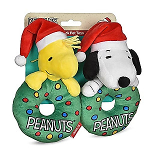 Peanuts for Pets Holiday Snoopy & Woodstock Wreath Plush Ring Pet Toy 2 Pack Dog Toy Set | Medium Squeaky Dog Toys, Cute & Soft Stuffed Dog Toys Officially Licensed from Comic Strip, 6"