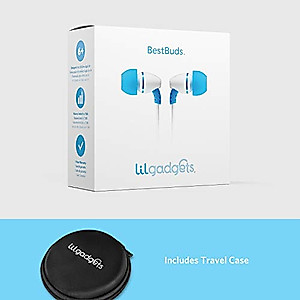 LilGadgets BestBuds Kids Earbuds for School - Safe & Comfortable, Volume Limited, Wired in-Ear Kids Ear Buds with an in-Line Microphone, Travel Case, and Splitter - Blue