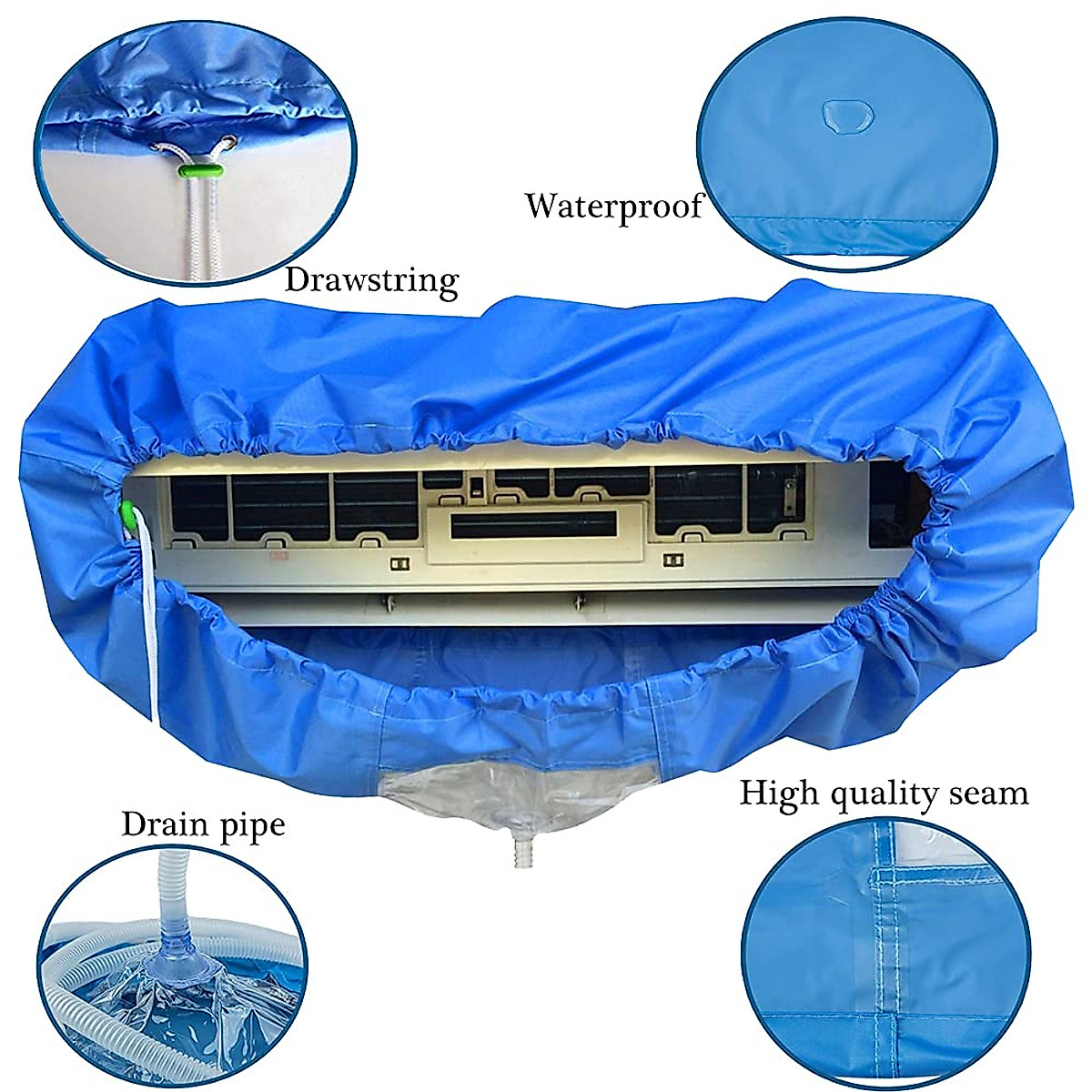 Air Conditioner Cleaning Protector Cover Waterproof Dustproof Cover Bag with Drain Outlet and Water Pipe Dust Washing Clean Protector Bag Wall Mounted Split AC Air Conditioning Service Bag (Blue, M)