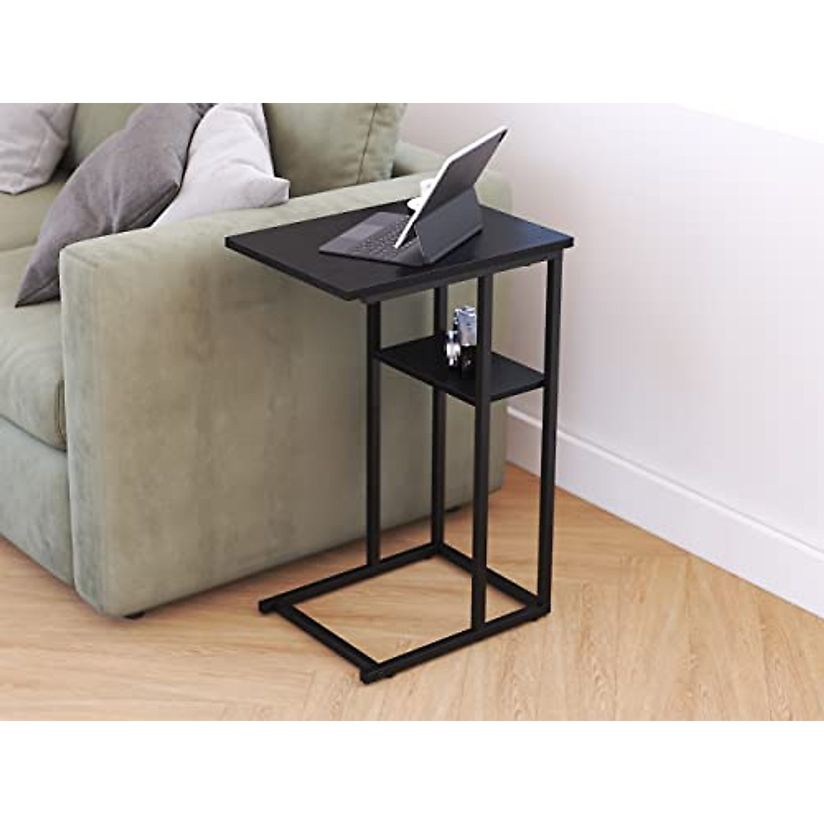 Yusong C Shaped End Table, Small Side Tables Slide Under Sofa Couch Bed, Small TV Tray Bedside Table for Small Spaces, Living Room, Bedroom, Black