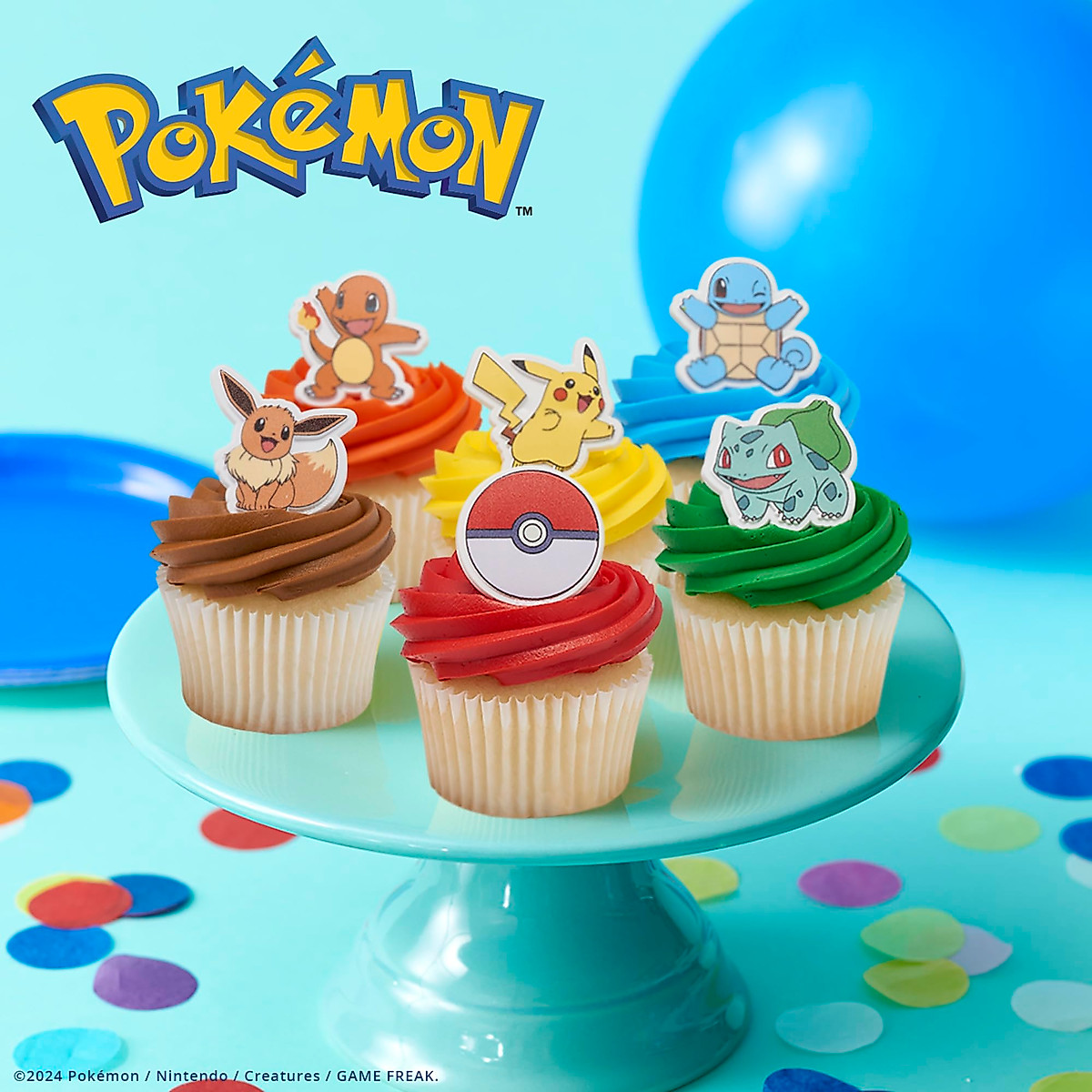 DecoPac Pokémon Rings, Cupcake Decorations With Pikachu, Bulbasaur, Eevee, Charmander, Squirtle, and Poké Ball, Multicolored Food Safe Cake Toppers – 24 Pack