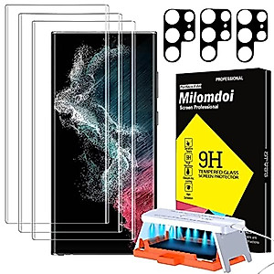 Milomdoi [6 in 1 [New Upgrade] 3 Pack Full Coverage UV Tempered Glass Screen Protector for Samsung Galaxy S22 Ultra 5G with 3 Pack Camera Lens Protector Fully Support Fingerprint S Pen Case Friendly
