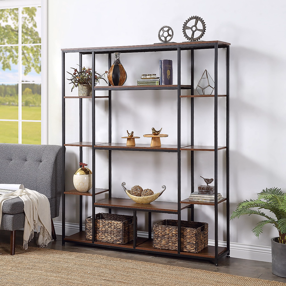 Merax 5 Tier Tall Bookshelf, Industrial Bookcase, Freestanding Display Furniture with Storage Shelf, Brown