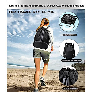 SENIKO Drawstring Backpack,String Swim Gym Bag with Shoes Compartment and Wet Proof Pocket for Women Men Sports Travel (Black)