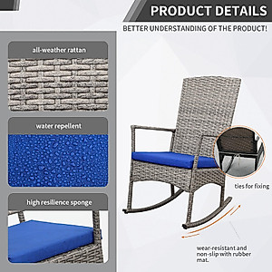 Rocking Chair Outdoor 3 Pieces High-Backed Patio Rocking Chairs Bistro Table and Chairs Set of 2 Outdoor Table and Chairs Anti-Slip Cushions, Dark Blue