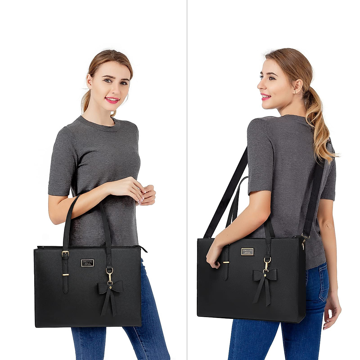 MOSISO Laptop Bag for Women Compatible with MacBook, 17-17.3 inch Notebook and Chromebook, PU Leather Travel Work Tote bag with Detachable Bowknot & Small Purse, Black