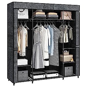 Hzuaneri Closet Wardrobe, 64.5-inch Portable Closet for Bedroom, 3 Clothes Rail Clothes Rail with Fabric Cover, Clothes Storage Organizer, 64.5 x 17.3 x 70 Inches, 9 Compartments, Black WO0203BC