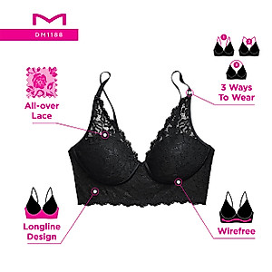 Maidenform Pure Comfort Lace Bralette, Padded Wireless Bra, Convertible Longline Halter Bralette with Soft Foam Cups, Black, 40C