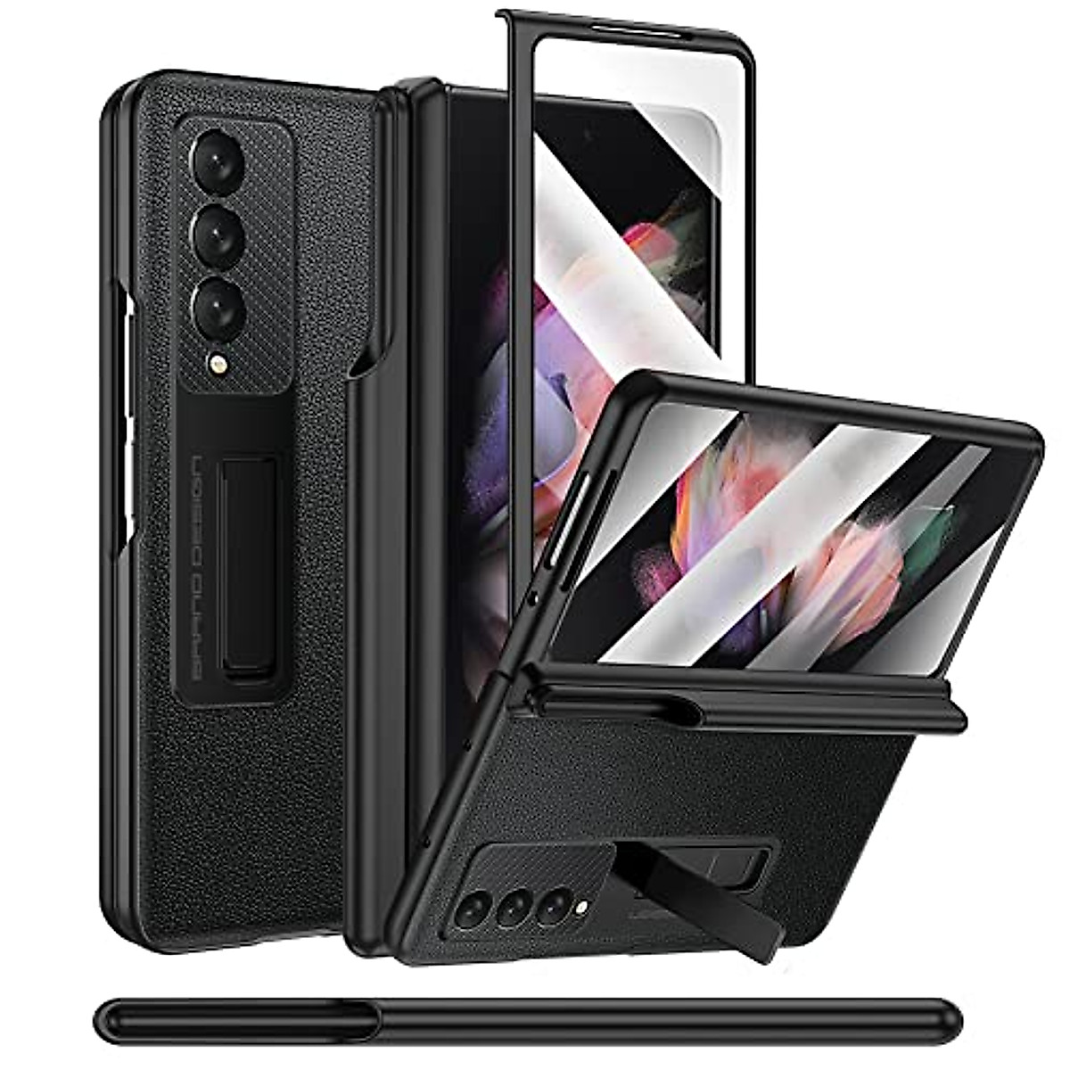 for Samsung Galaxy Z Fold 3 Case with S Pen Holder & Hinge Protection & Kickstand, Built-in Screen & Camera Lens Protection, Non-Slip Durable Leather Cover for Samsung Fold 3 5G 2021