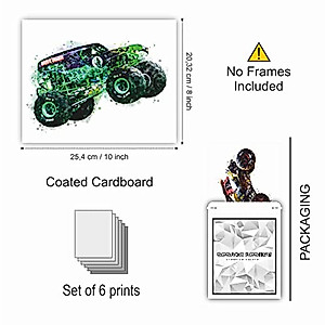 Monster Truck Posters For Boys Room, Set Of 6 Wall Art (UNFRAMED 8"x10") Trucks Poster Boys, Car Posters For Boys Room, Kids Room Wall Art, Car Poster