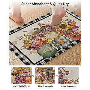 Bathroom Floor Shower Mat, Non-Slip Small Rugs - Easy to Clean, Fall Thanksgiving Sunflower Pumpkin Flower Durable Bath Rug 16"x24" Washable Quick Dry Diatomaceous Earth Mats for Bathtubs