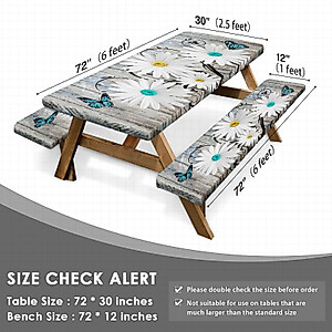 Nesphy Daisy Flowers Butterfly Picnic Table Cover with Bench Covers, Wooden Vintage Farmhouse Outdoor Camping Essentials 6FT 3PCS Fitted Rectangle RV Must Haves Tablecloth with Drawstring Bag