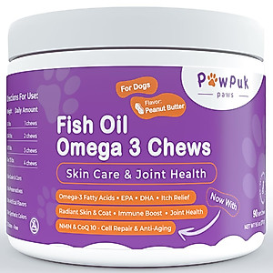 PawPuk Paws Omega 3 Fish Oil Chews for Dogs - EPA & DHA for Skin & Coat Health Plus Overall Health, Itch Relief, Joint & Mobility Support, CoQ10 & NMN - Natural Anti-Aging Supplement for Dogs