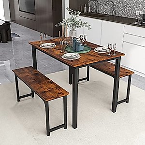 Tangkula 3-Piece Dining Table Set, Rectangular Kitchen/Dining Table with 2 Benches, Metal Frame, Space-Saving Furniture, Modern 4-Person Dinette for Kitchen, Dining Room