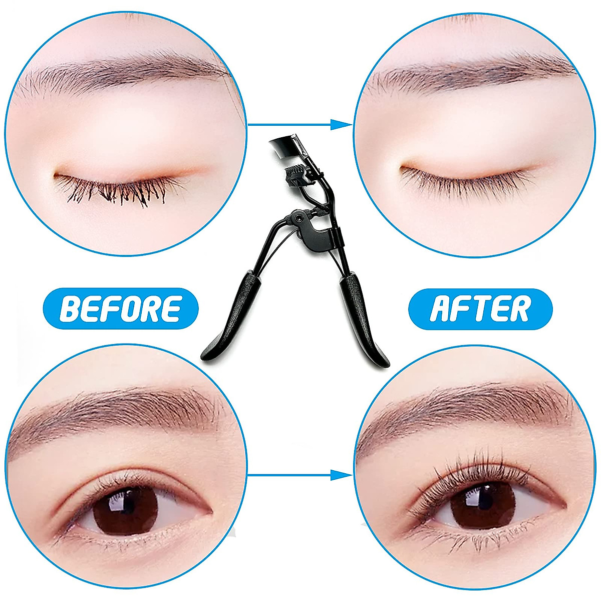 Eyelash Curler with Built in Comb, Eyelash Comb Curlers with Brush Mascara Applicator with 2 Replacement Silicone Refill Pads Separates False Lashes Makeup Tool Stainless Steel Metal Black