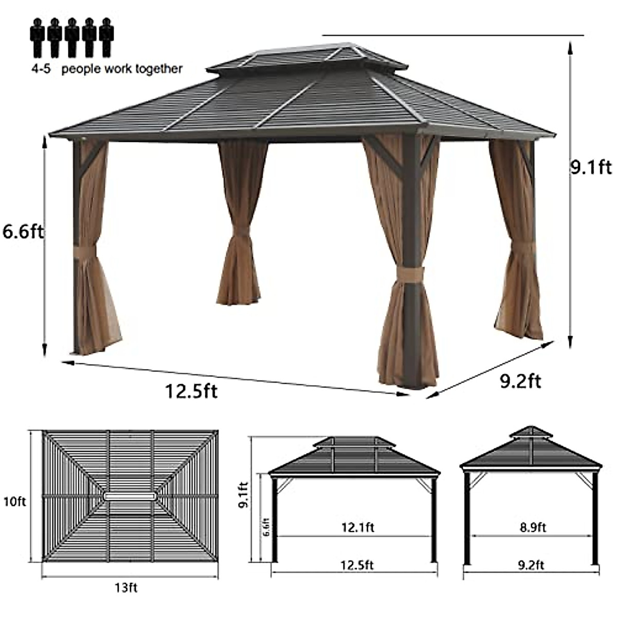 NOBLEMOOD 10’ x 13’ Hardtop Gazebo with Curtains and Netting, Double Roof Outdoor Gazebo with Canopy, Aluminum Frame Permanent Gazebo for Patio Garden