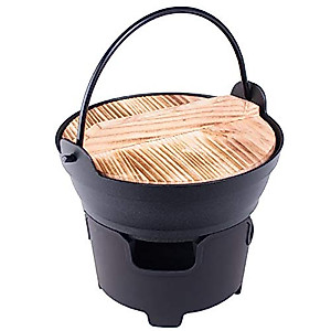 Happy Sales HSNBS-IRORI, Japanese Style Single Serving Shabu Shabu Pot Pan Hot Pot Sukiyaki Pan Irori Nabe Pot with Wooden Lid and Cooking Stove 32 fl. oz 7" Diameter